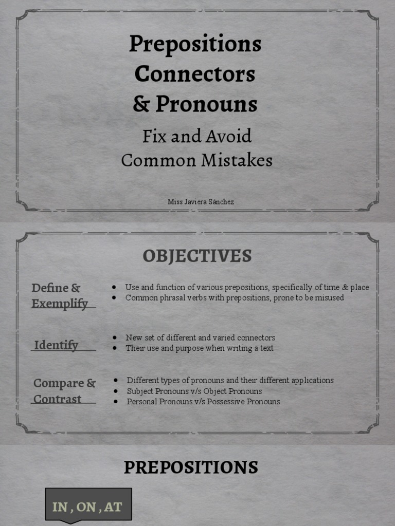 Prepositions, Connectors, Pronouns | PDF | Pronoun | Preposition And ...