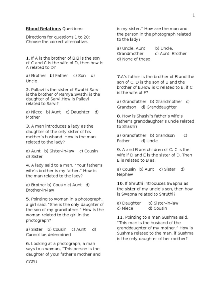 Blood Relations Questions: Directions and Answers | PDF | Interpersonal ...