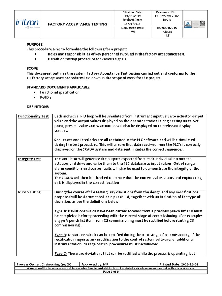 Factory Acceptance Test Procedure Guide | PDF | Programmable Logic ...