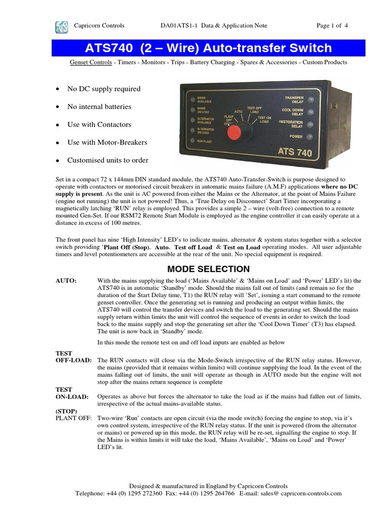 Módulo transfer Capricorn ATS 740 | PDF | Relay | Mains Electricity