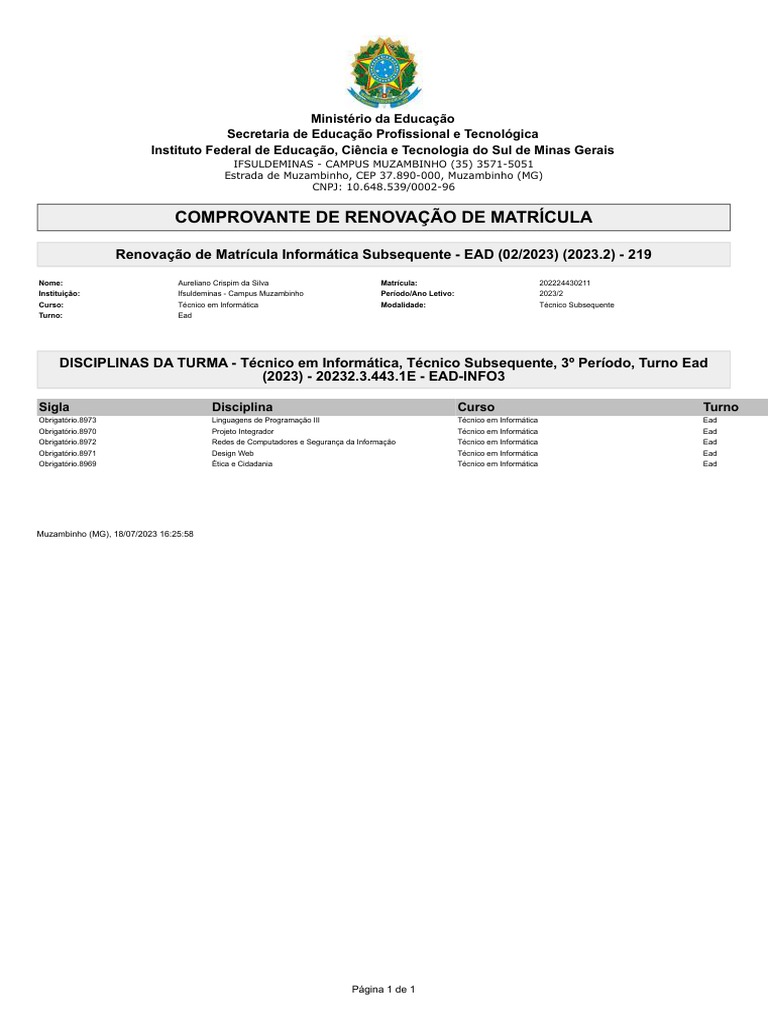 Comprovante de Matricula Tecnico em Informatica | PDF