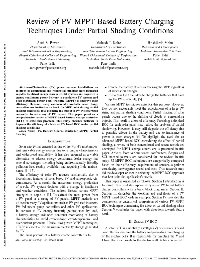 Review of PV MPPT Based Battery Charging Techniques Under Partial Shading Conditions | PDF ...