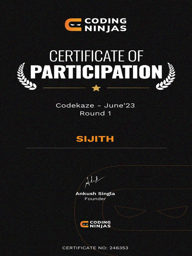 Certificate of Event Codekaze - June 23 Round 1 8ae8b3e1f8c83d450620 | PDF Certificate of Event Codekaze - June 23 Round 1 8ae8b3e1f8c83d450620 | PDF