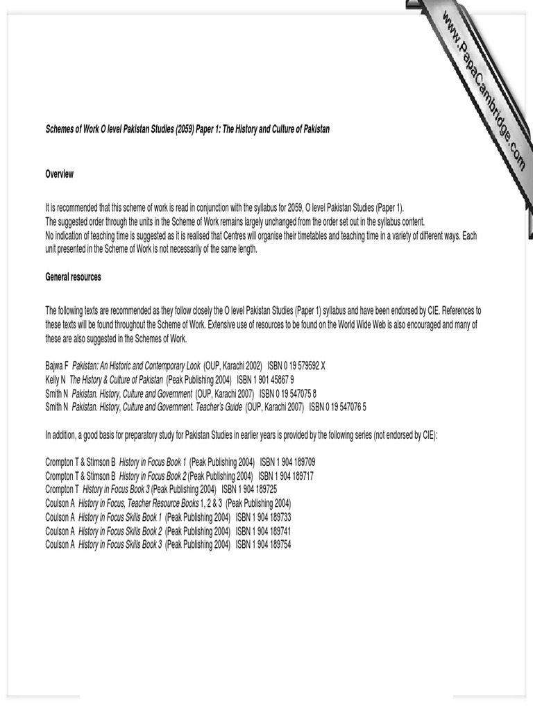 Schemes Of Work O Level Pakistan Studies 2059 Paper 1 The History