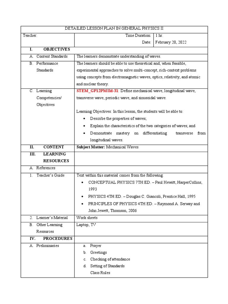 WAVES Lesson Plan | PDF | Waves | Physics