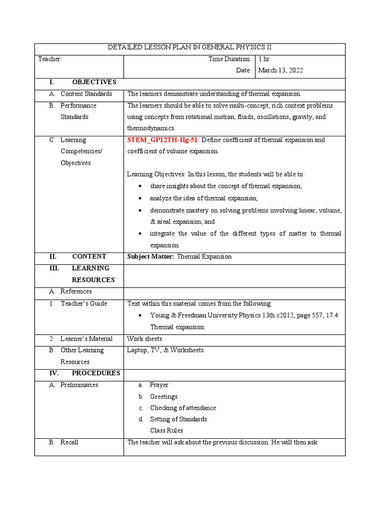 Thermal Expansion Lesson Plan | PDF | Thermal Expansion | Chemistry