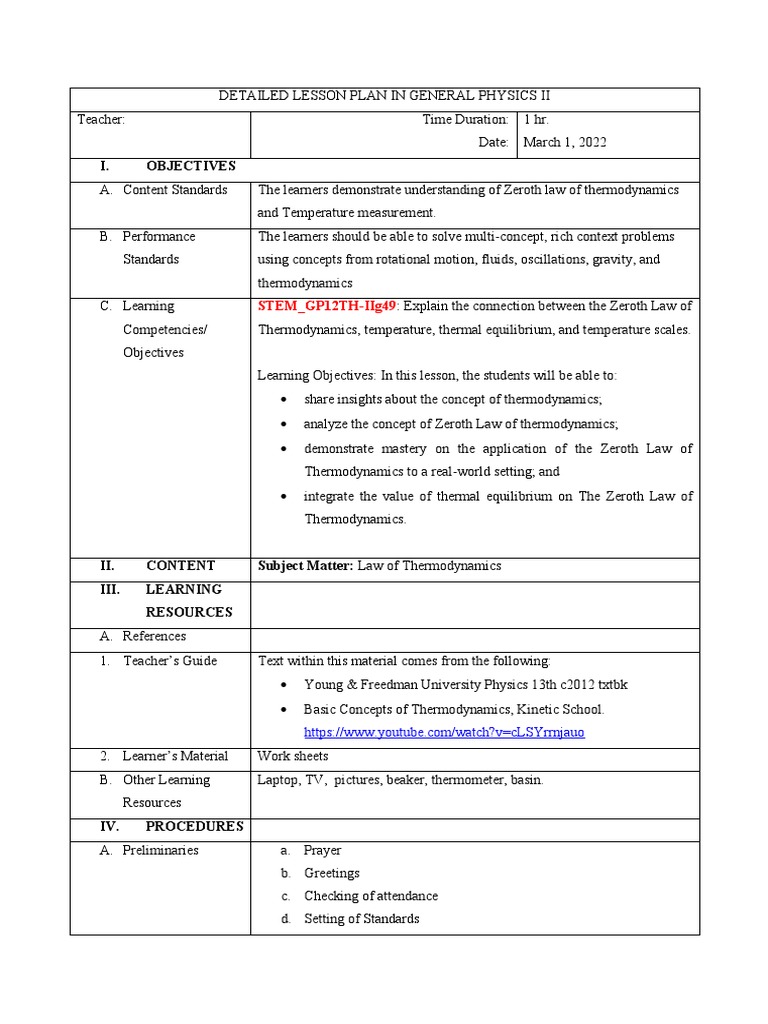 Laws of Thermodynamics Lesson Plan | PDF | Thermodynamics | Temperature