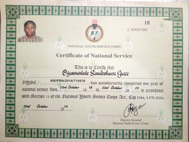 OGUNMODEDE SIMILEOLUWA NYSC CERTIFICATE | PDF