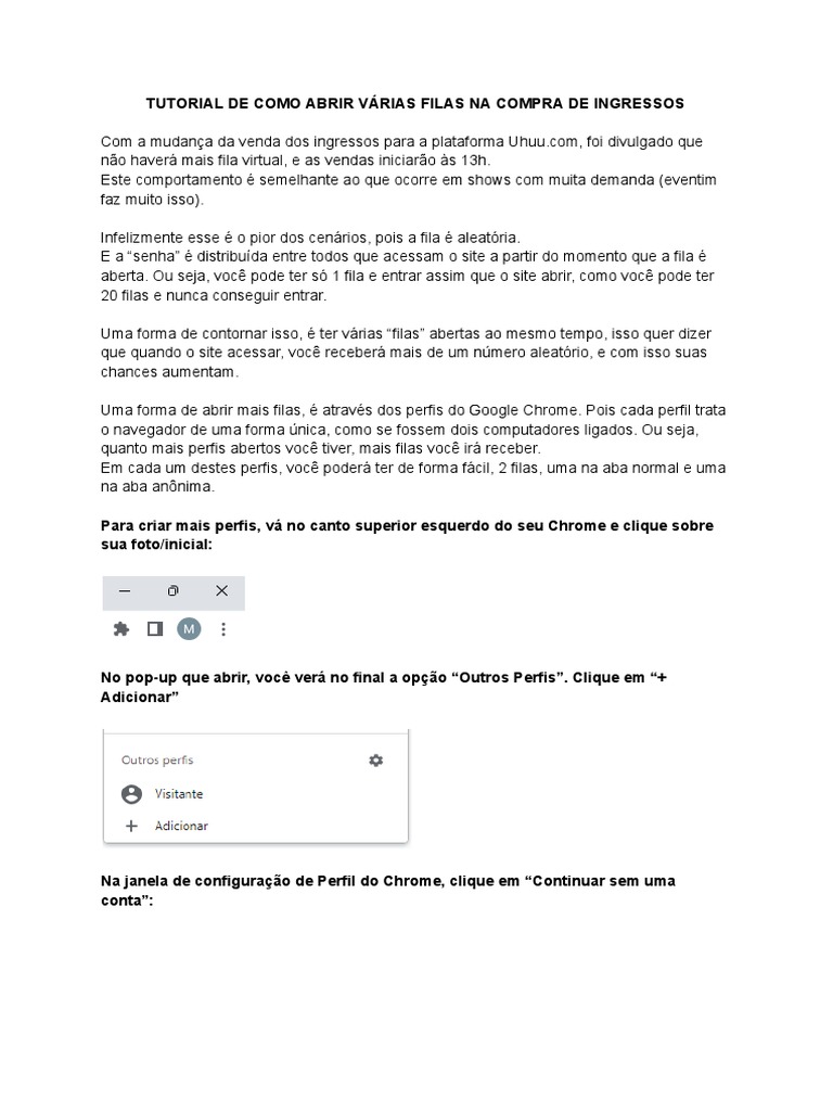 Tutorial de como abrir várias filas em compra de ingresso | PDF