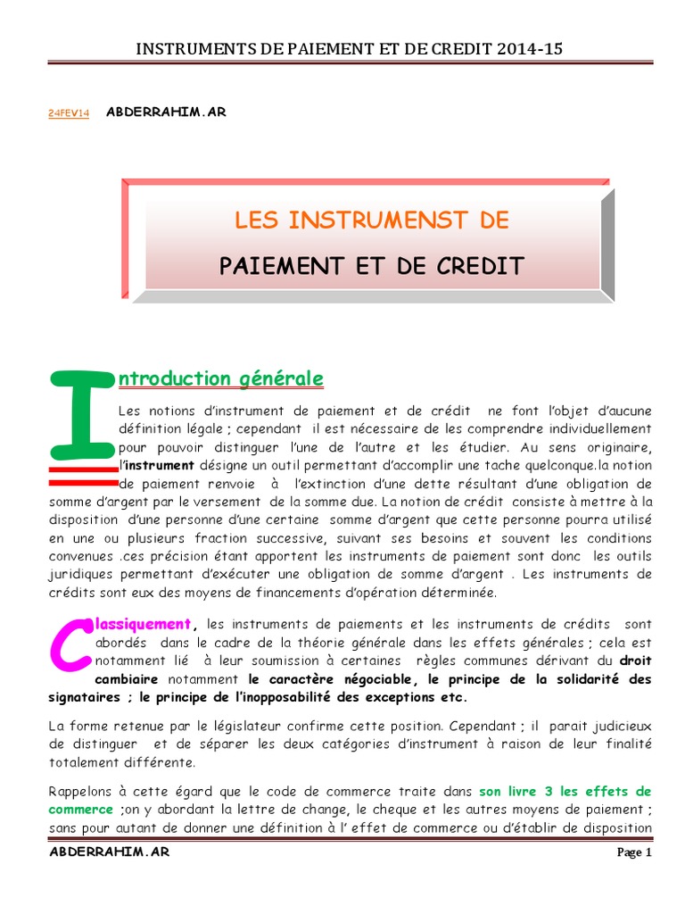 Instruments de Paiement et Crédit 2014-15 | PDF | Effet de commerce ...