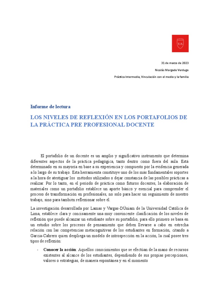 Informe De Lectura Reflexión En Portafolios Pdf Maestros Experiencia 5287