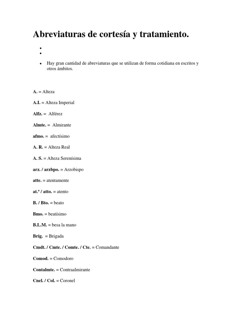 Abreviaturas De Cortesia Y Tratamiento Pdf