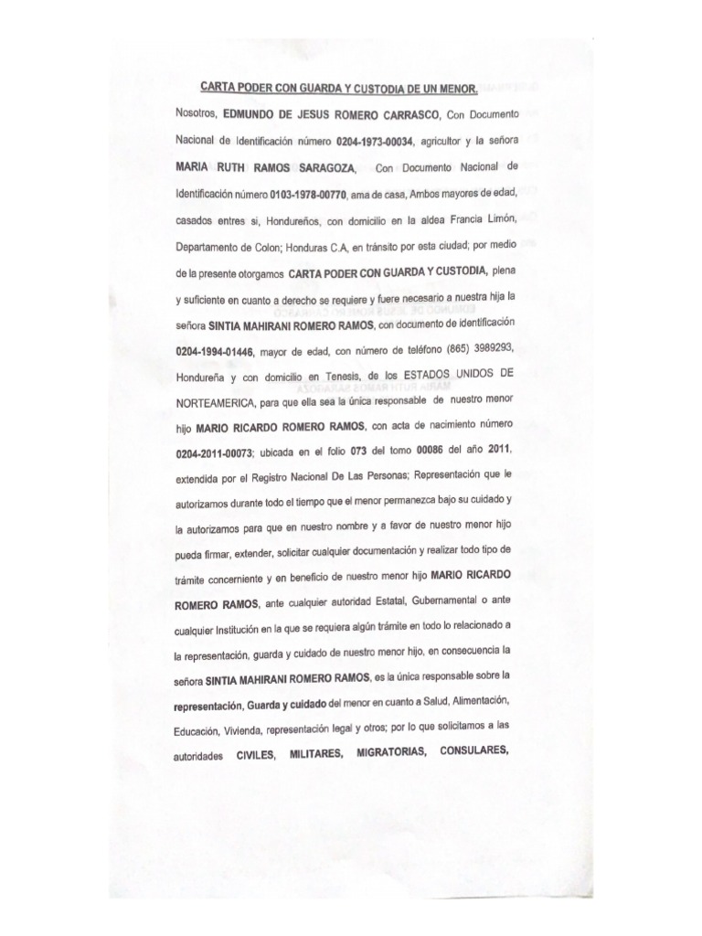 Carta Poder Con Guarda y Custodia de Un Menor. | PDF