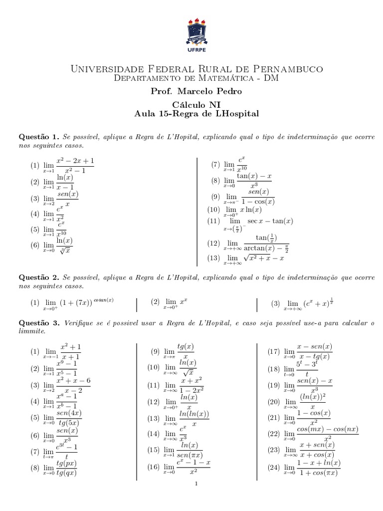 Aula 15 Regra de LHospital | PDF | Matemática