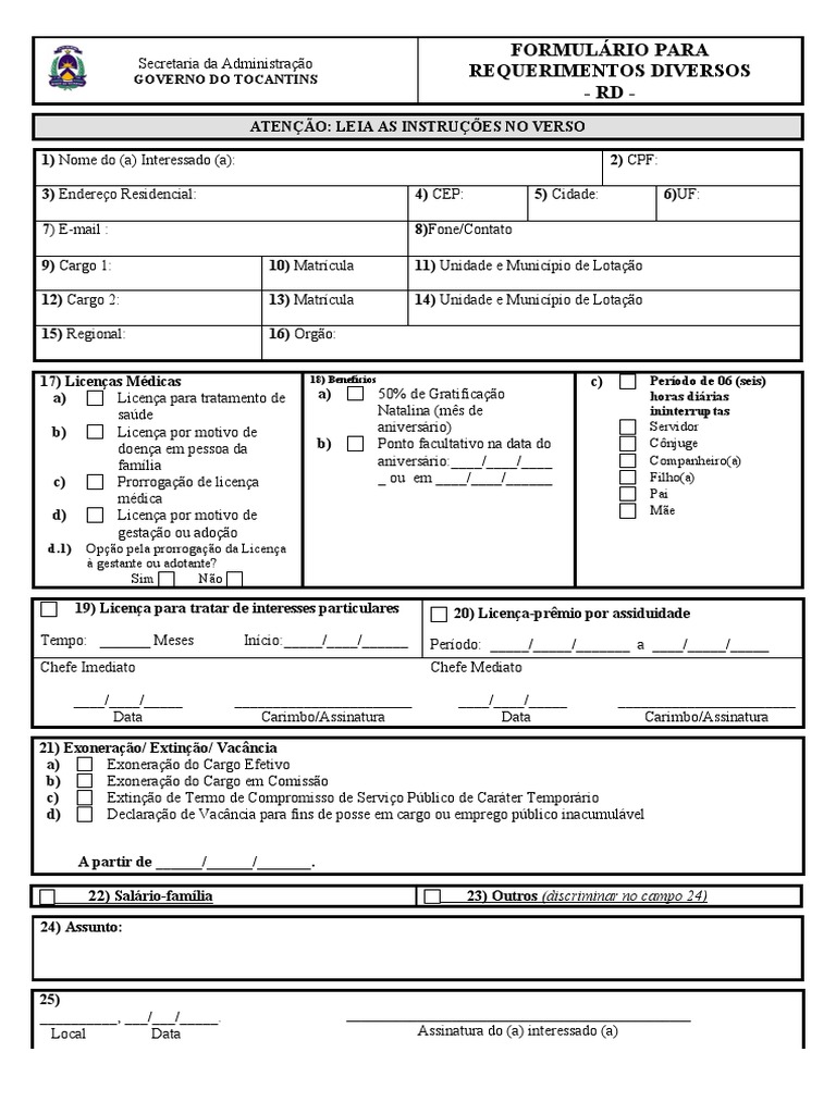 Formulário para Requerimentos Diversos - RD - : Governo Do Tocantins | PDF