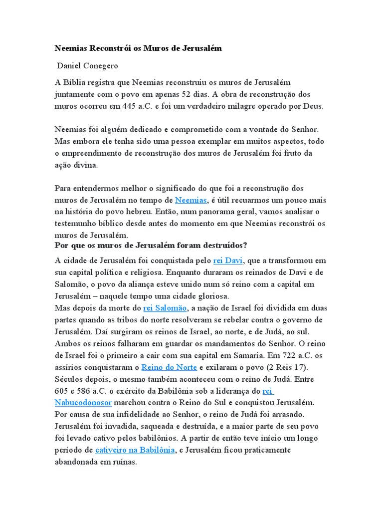 Neemias Reconstrói Os Muros de Jerusalém | PDF | Jerusalém | Reino de Judá