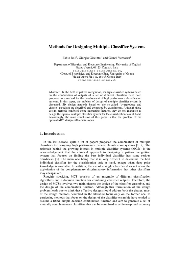 Methods For Designing Multiple Classifier Systems Pdf Statistical Classification
