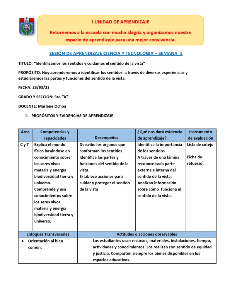 Sesion de Aprendizaje 1 de Ciencia y Tecnologia - LA VISTA | PDF ...