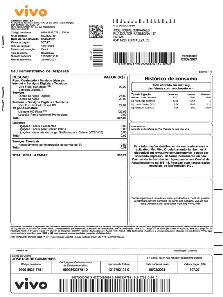 Vivo Fixo Conta e Comprovante 01-21 | PDF