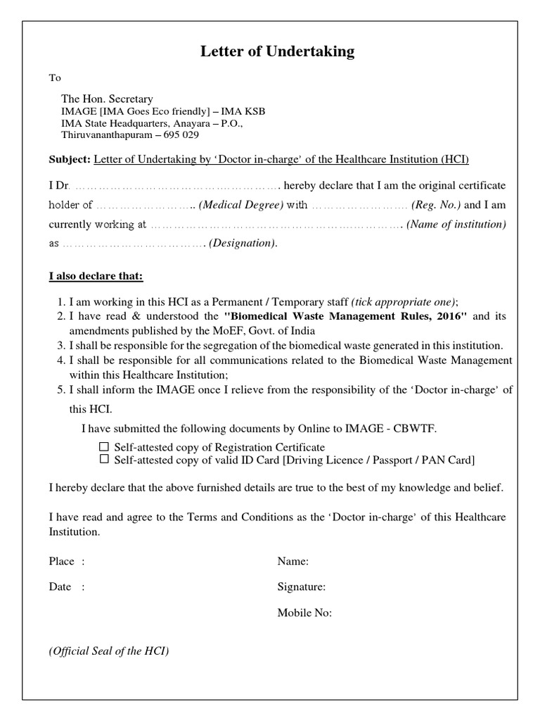 Format of Undertaking Letter - Doctor In-Charge | PDF