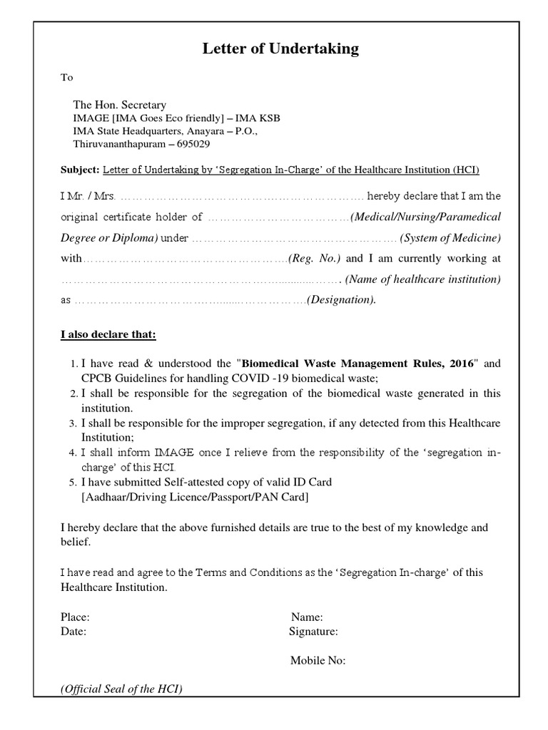 Letter of Undertaking Segregation-In-Charge of The HCI (New) | PDF