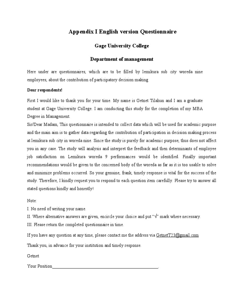 Questionnaire | PDF | Job Satisfaction | Decision Making