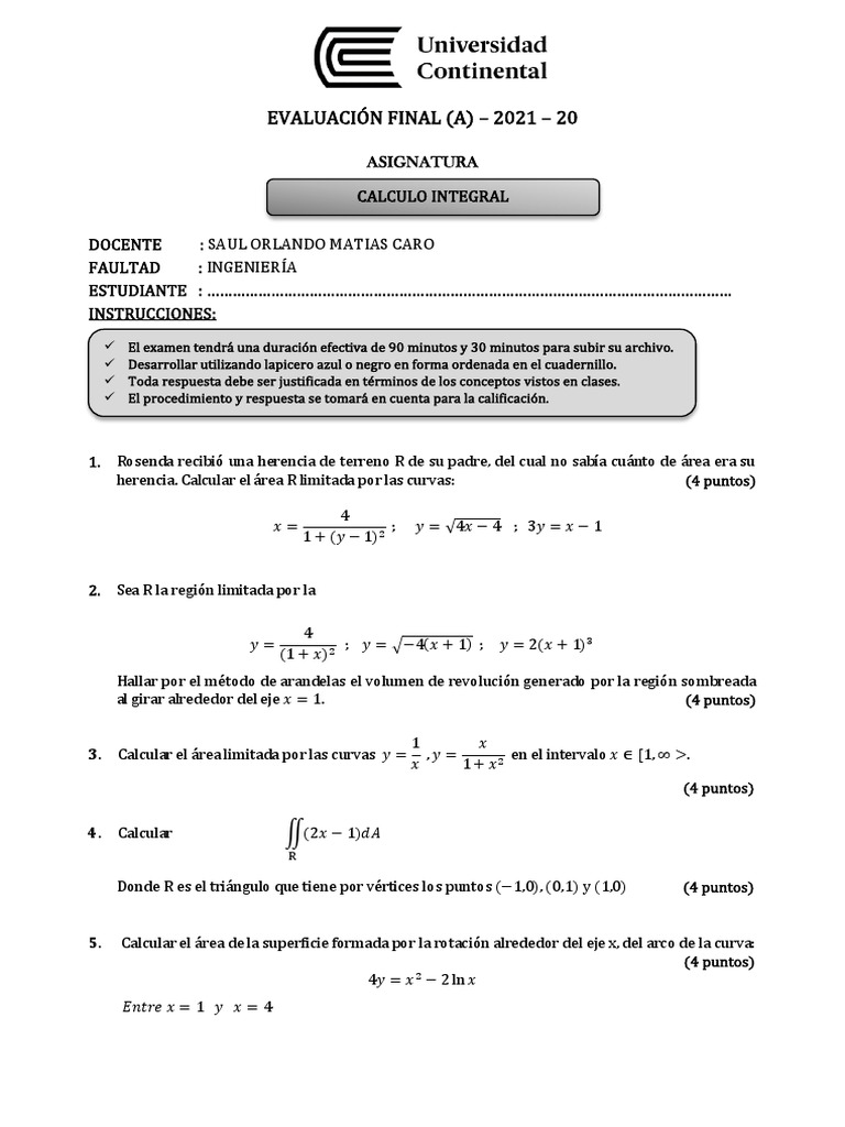 Examen Final de Cálculo Integral | PDF