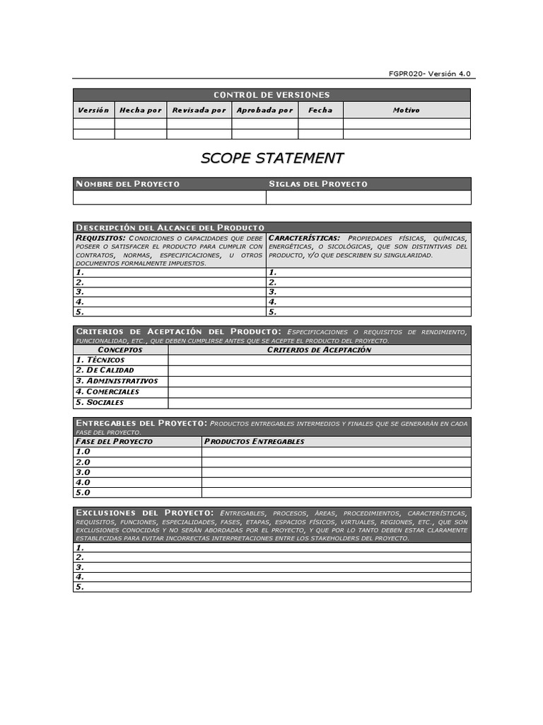 FGPR - 020 - 04 Formato de Scope Statement | PDF | Planificación