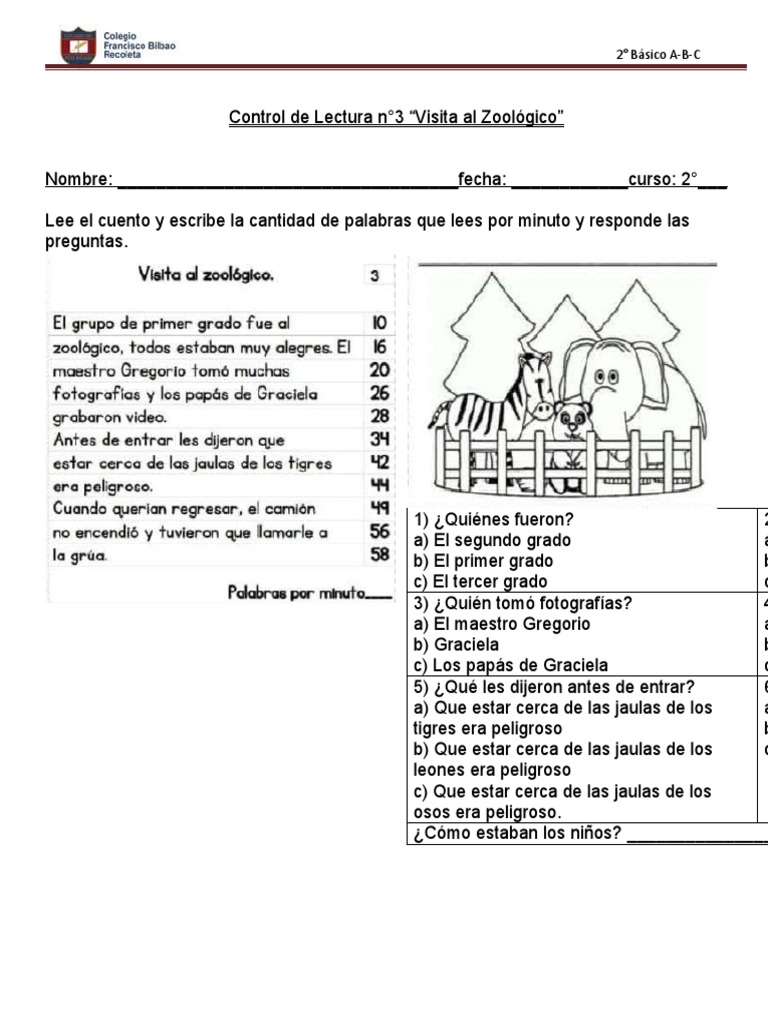 Control de Lectura N°3 "Visita Al Zoológico " | PDF