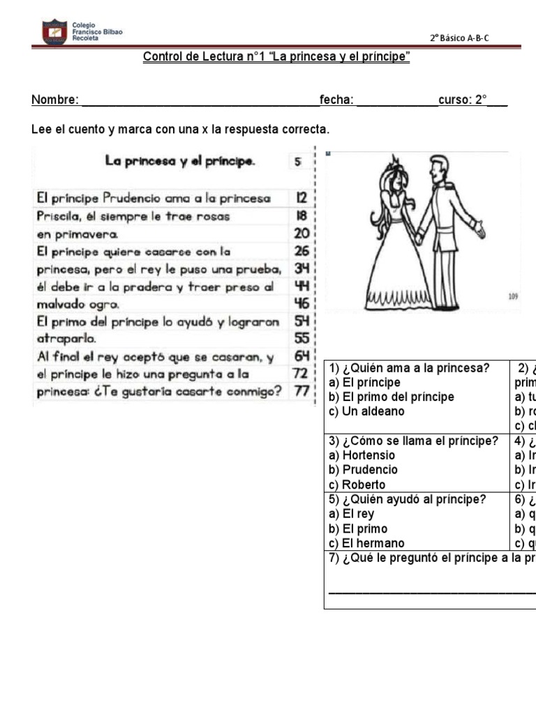 Control N°1 La Princesa y El Principe | PDF