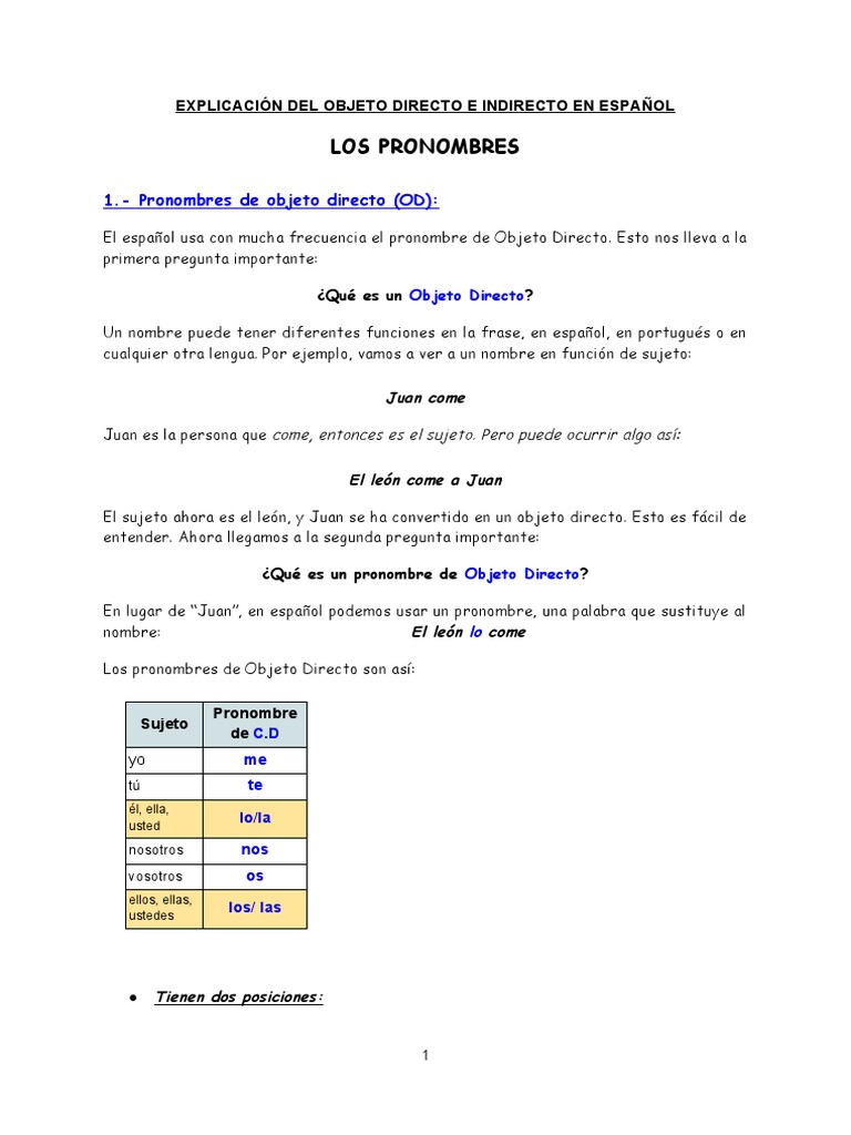 Explicación Del Objeto Directo e Indirecto en Español | PDF | Objeto ...