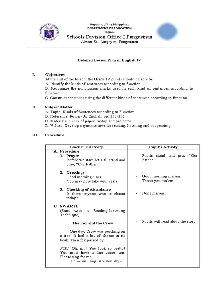 Detailed Lesson Plan in English Iv | Download Free PDF | Sentence ...
