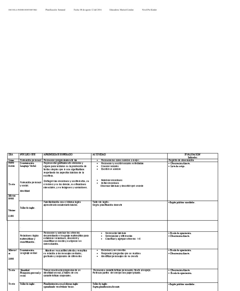 Ejemplo de Planificación Semanal Pre Kinder | PDF | Comunicación | Las ...