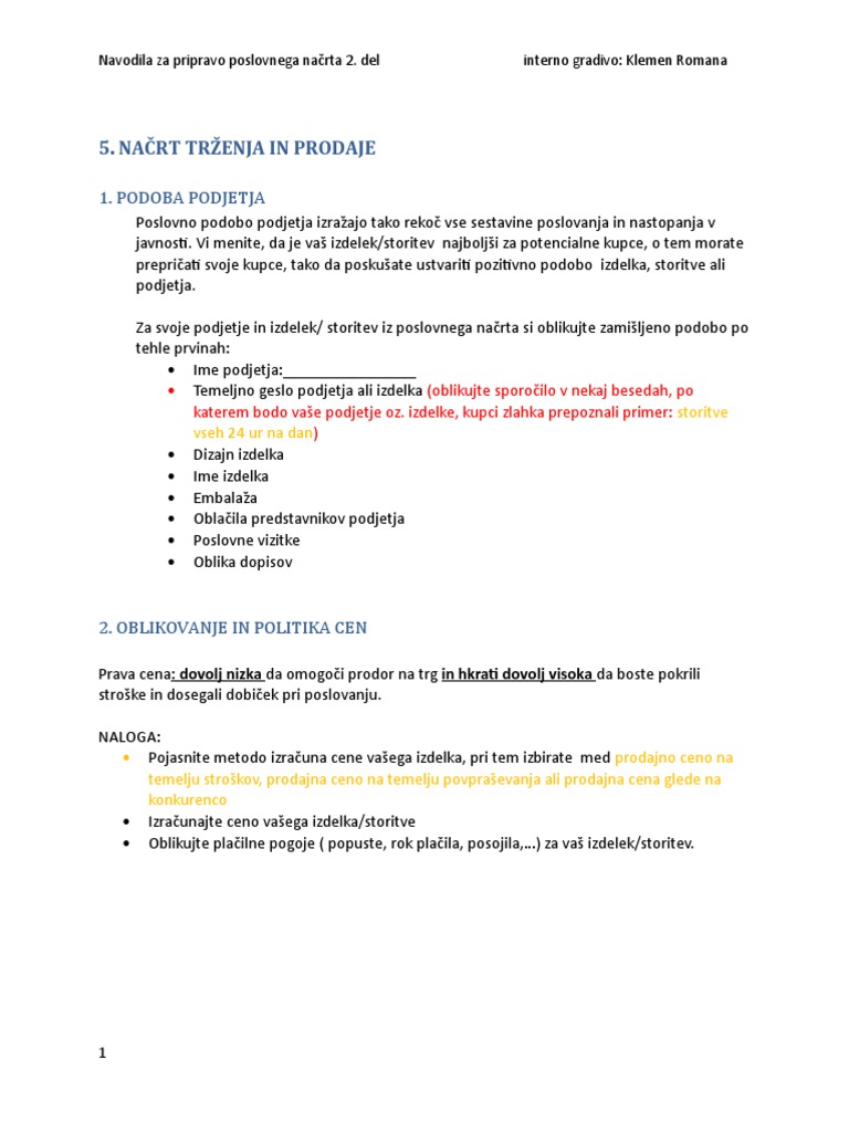 POSLOVNI NAČRT Navodila 2. Del | PDF