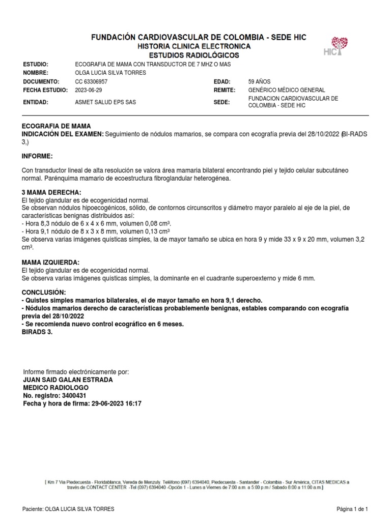 Ecografia de Mama Con Transductor de 7 Mhz o Mas, | PDF
