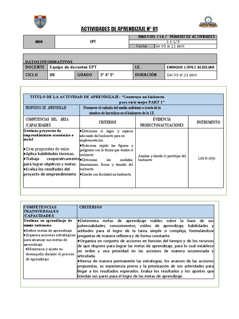 2 - Actividades Eda 01 Ept 3ro | PDF | Aprendizaje | Iniciativa empresarial