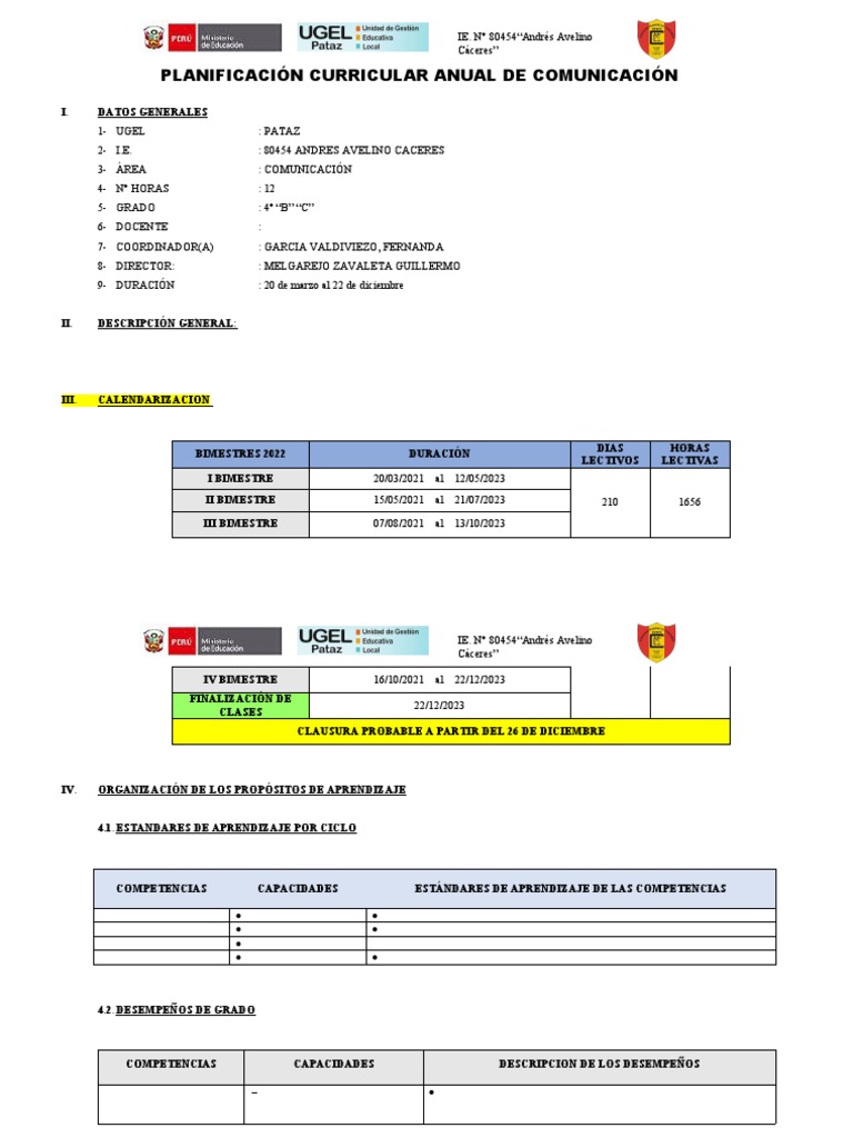 Esquema de Planificacion Curricular Anual 2023 | PDF | Enseñando | Evaluación