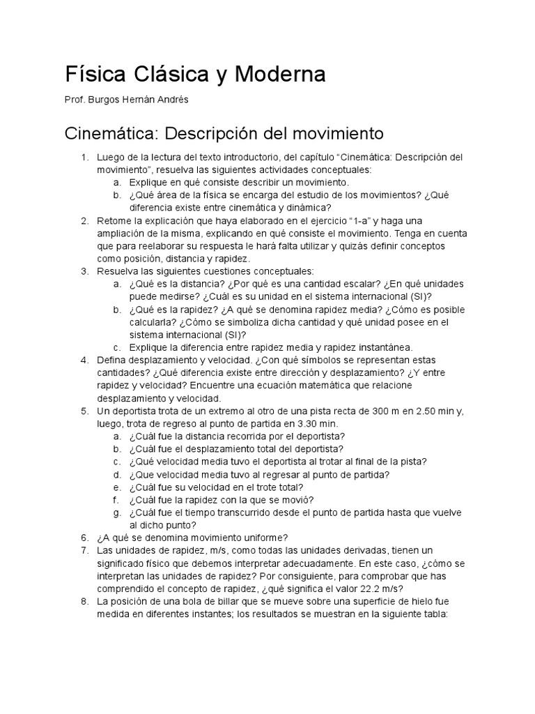 FÃ Sica ClÃ¡sica y Moderna - GuÃ A Nro. 1 - CinemÃ¡tica Parte 1 | PDF | Velocidad | Velocidad