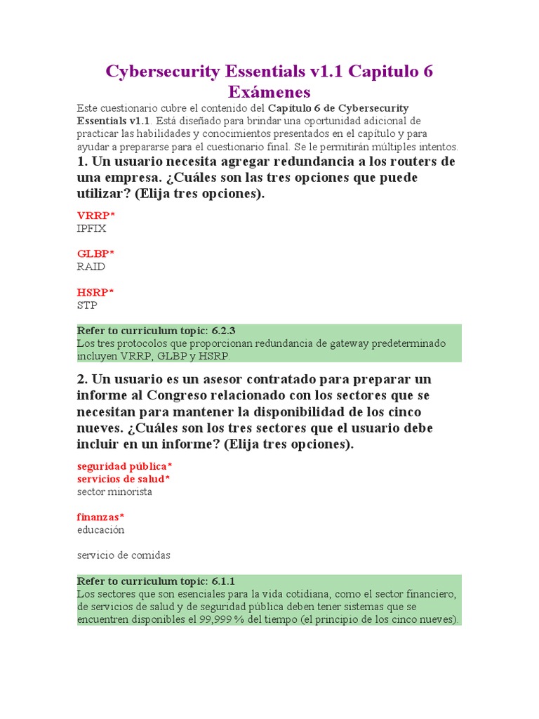 Cybersecurity Essentials v1 Exa cp6 | PDF | Conmutador de red | Plan de estudios