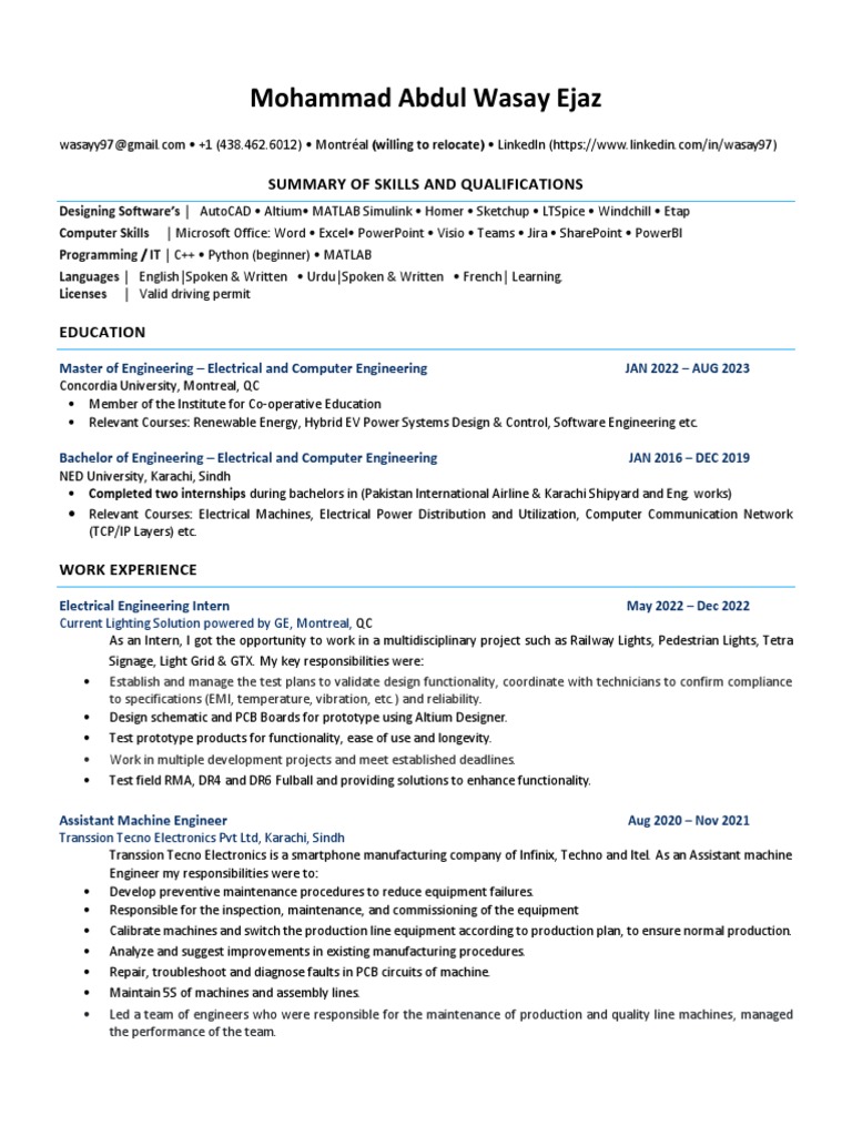 Resume Mohammad Abdul Wasay Ejaz | PDF | Power Inverter | Electrical ...