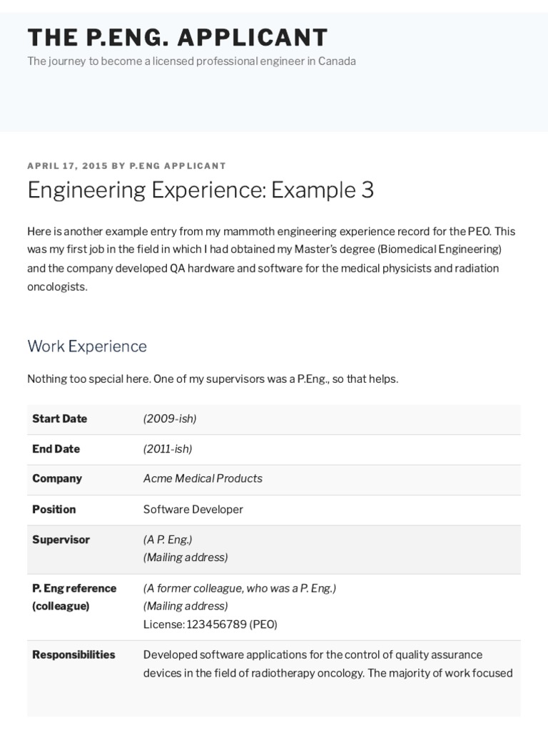 Engineering Experience - Example 3 - The P.Eng. Applicant | PDF ...