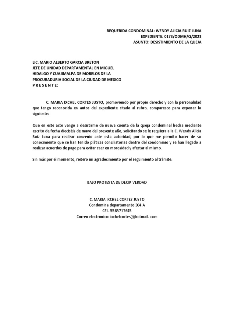 Desistimiento Queja PROSOC | PDF | Ciencias sociales | Derecho