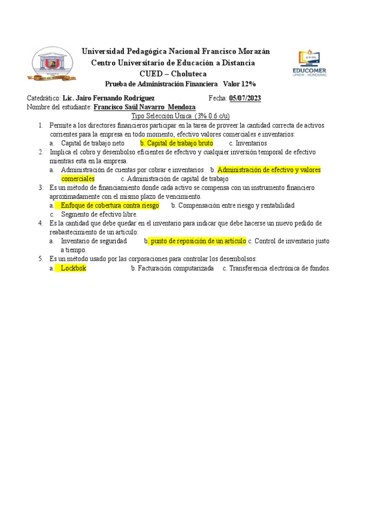 Prueba III Administracion Financiera | PDF | Capital de trabajo | Inventario