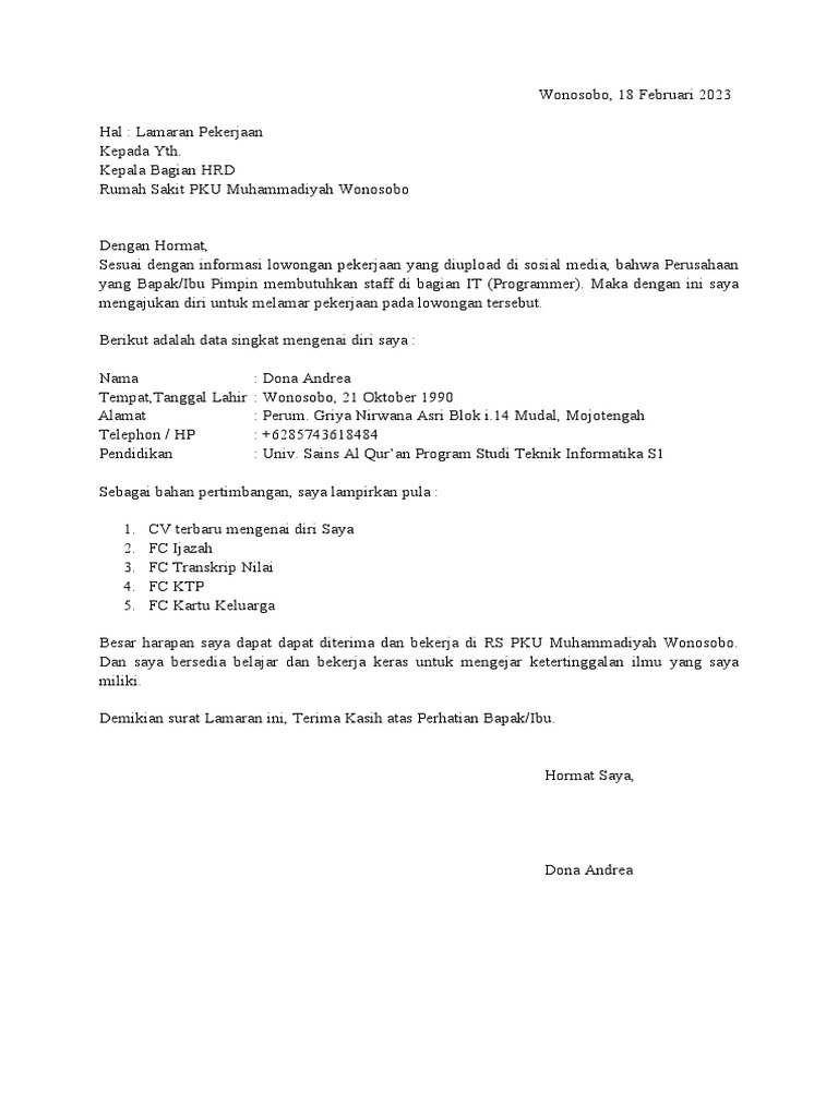 Surat Lamaran Pekerjaan Dona Andrea | PDF