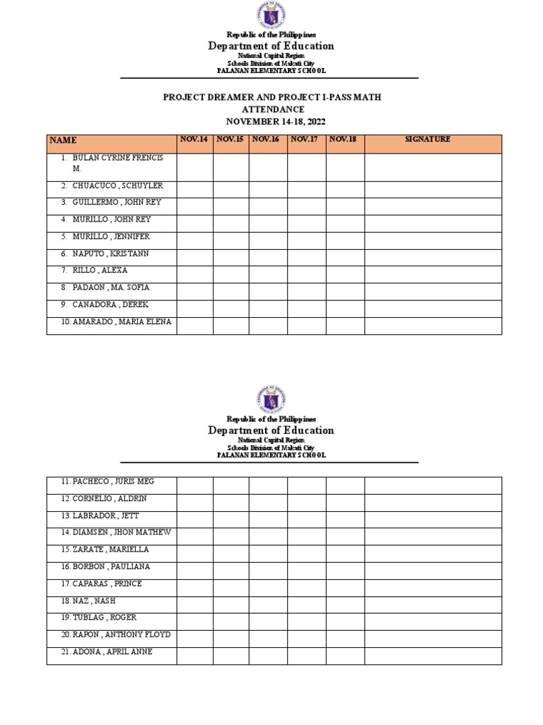 Attendance For Remedial Program | PDF