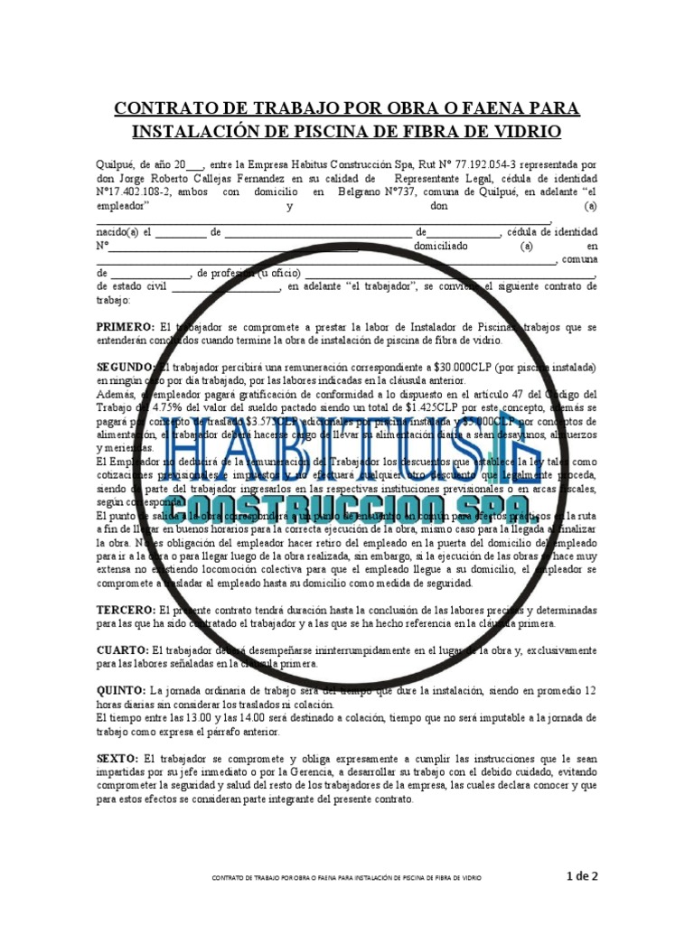 Contrato de Trabajo Por Obra o Faena para Instalación de Piscina de Fibra de Vidrio | PDF ...
