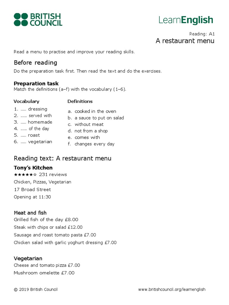 Reading A1 A Restaurant Menu | PDF | Drink | Pizza