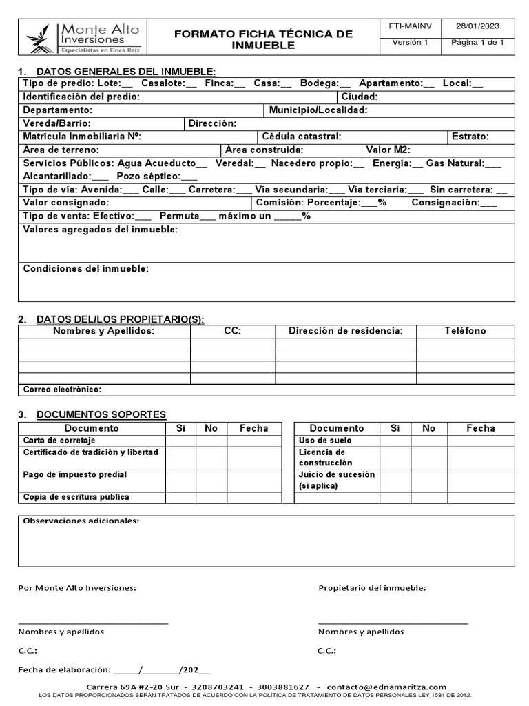 FICHA TÉCNICA DE INMUEBLE CONSIGNADO A LA INMOBILIARIA PARA VENTA O ...