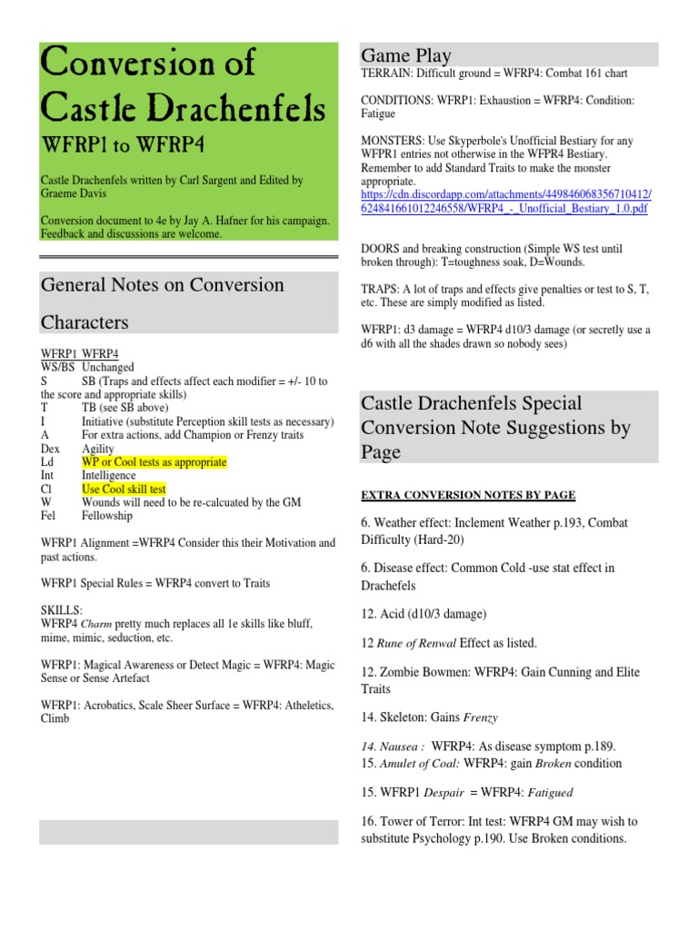 Conversion of Castle Drachenfels WFRP1 To WFRP4 | PDF