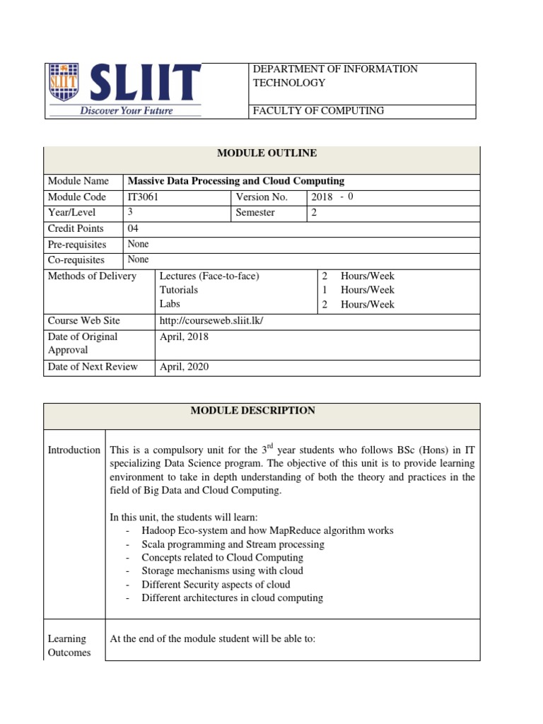 IT3061 - Massive Data Processing and Cloud Computing - V3 | PDF | Apache Hadoop | Cloud Computing